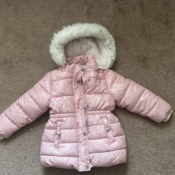 Jackets & Coats | Girls Pink Puffer Jacket With Faux Fur Hood Size 5 ...
